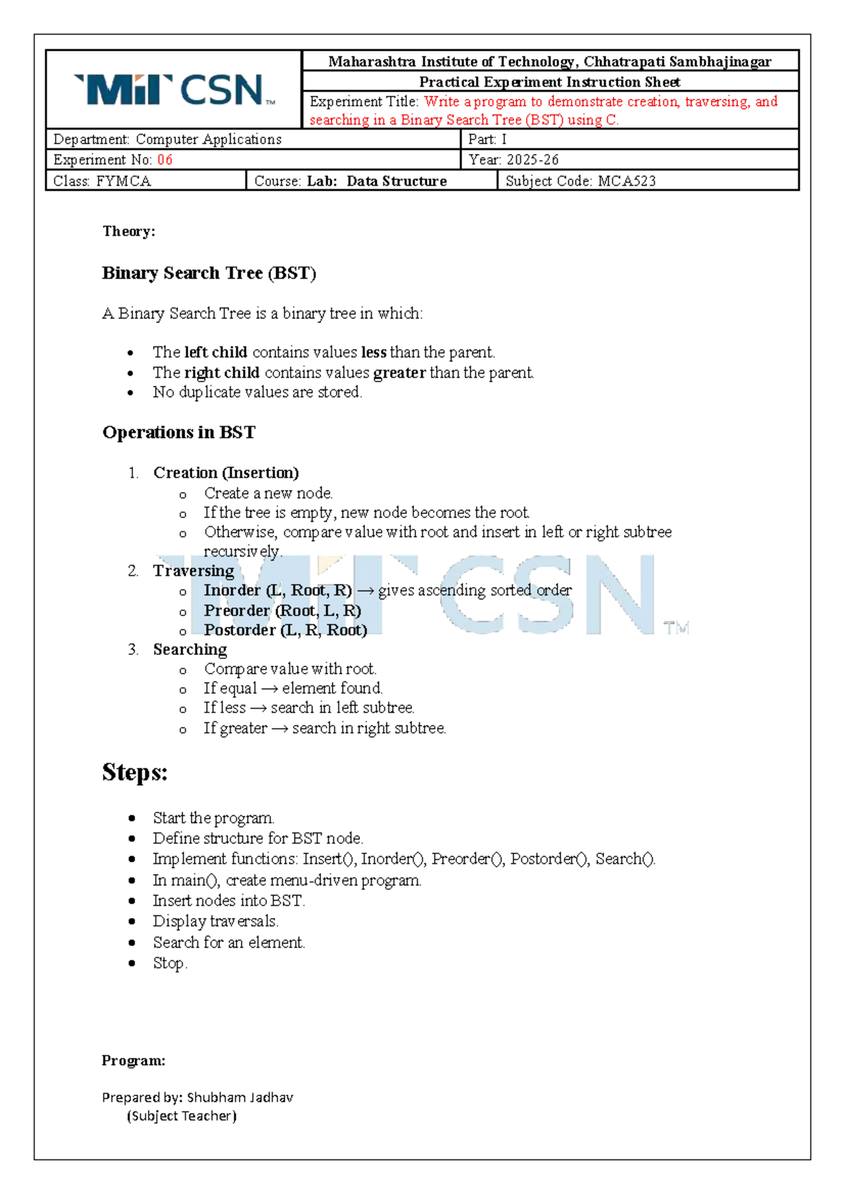 MCA523 Lab: BST Program Creation, Traversal & Search Instructions - Studocu