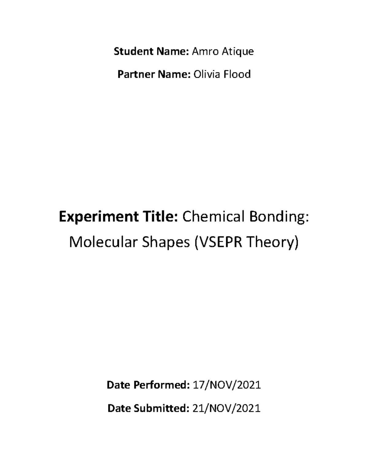 Chemical Bonding Lab Report: VSEPR Theory Insights - Studocu