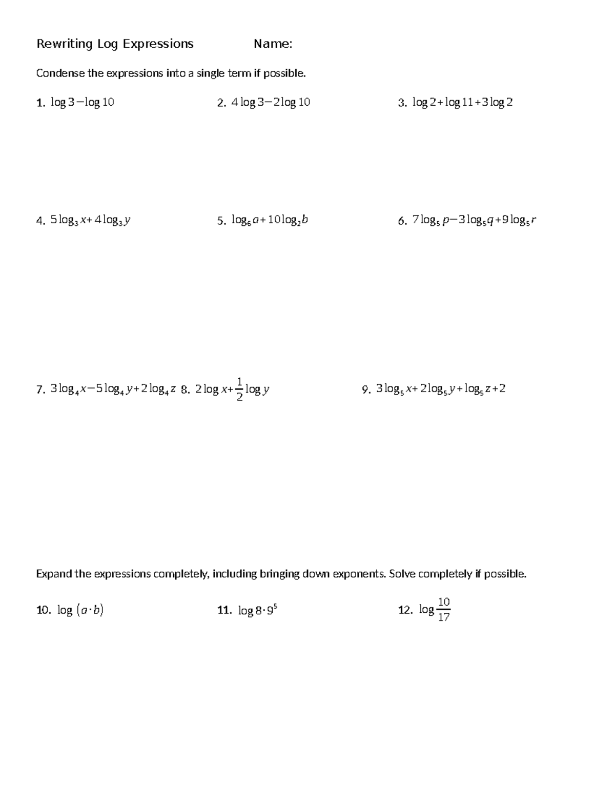 Rewriting Log Expressions Worksheet 002: Practice Problems and ...