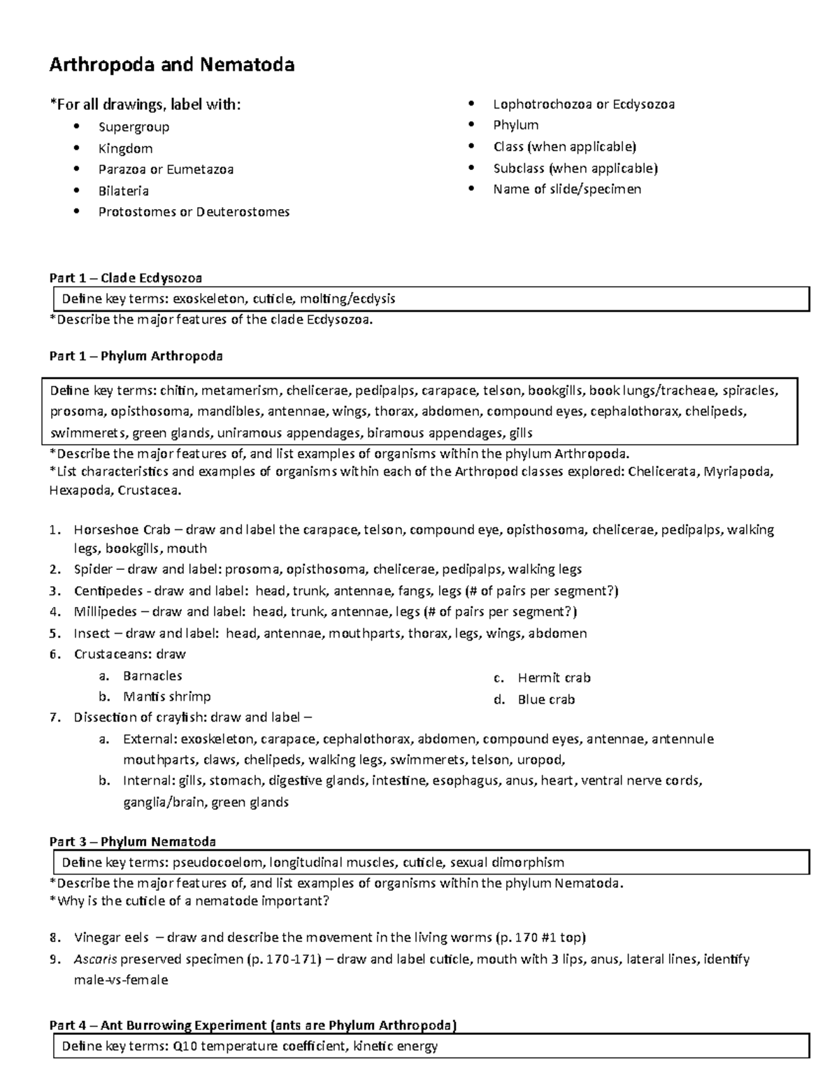 Arthropoda and Nematoda In-lab Handout - Arthropoda and Nematoda *For ...