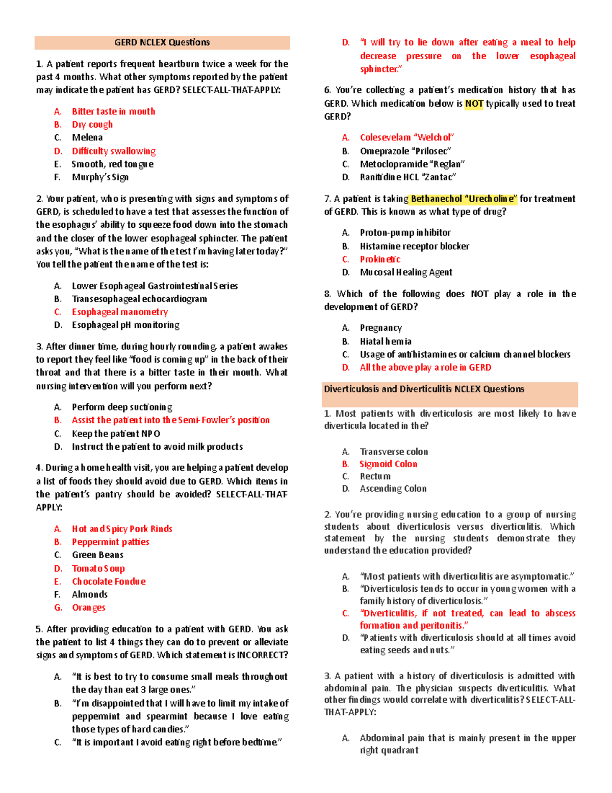 GERD & Diverticulosis NCLEX Questions - Comprehensive Study Guide - Studocu