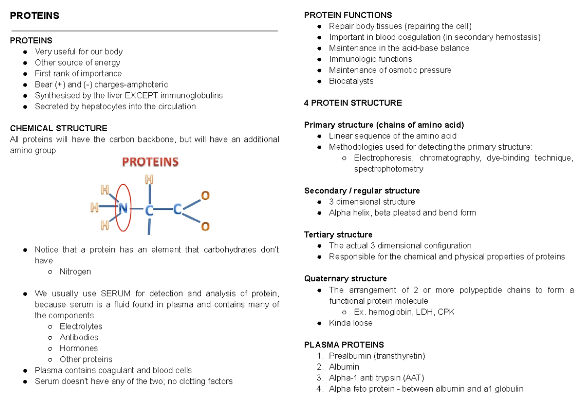 Proteins: Structure, Functions, and Analysis - CC LEC Notes - Studocu