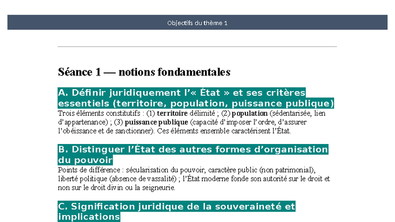 Thème 1 - L'État : Notions Fondamentales et Souveraineté - Studocu