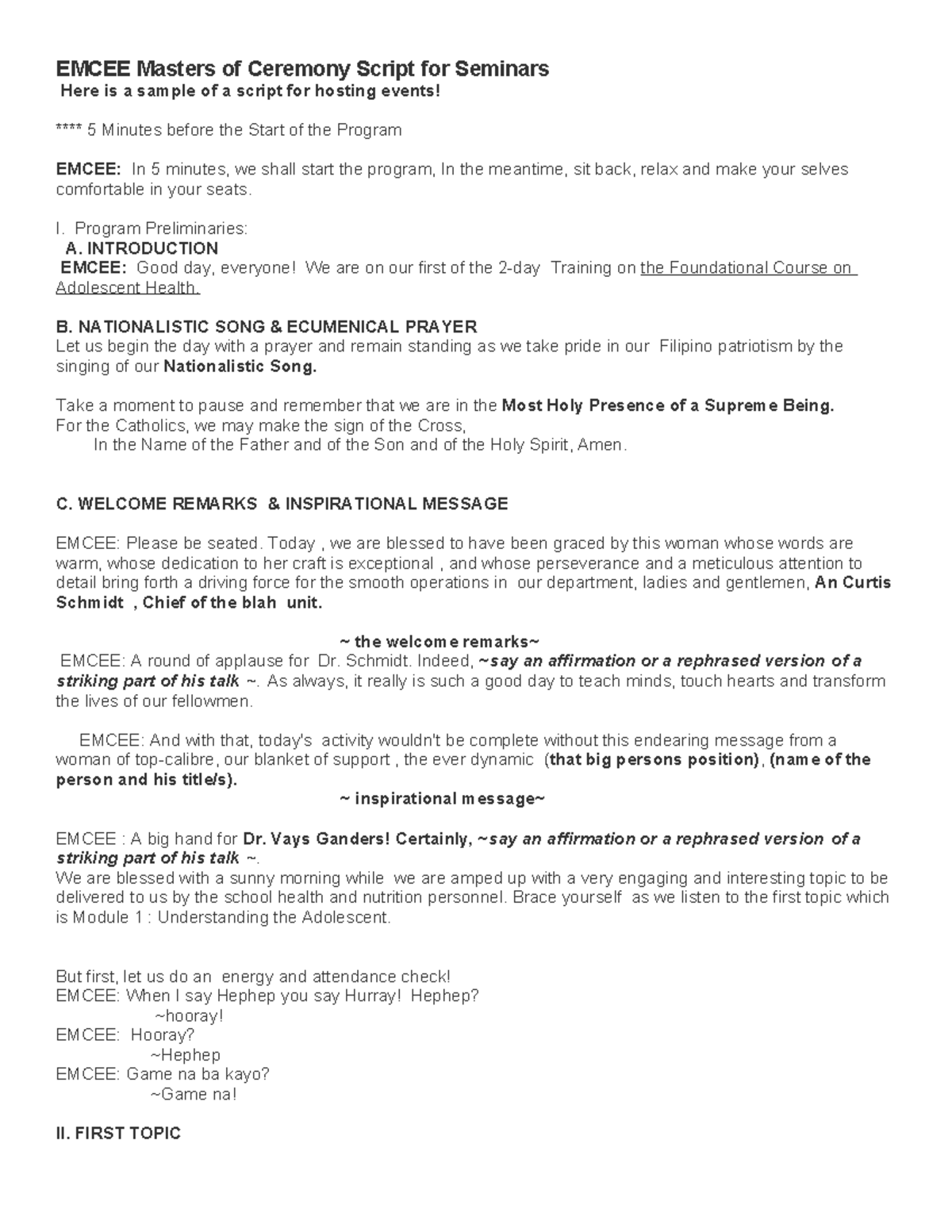 EMCEE Script for Mental Health Awareness Seminar - Studocu