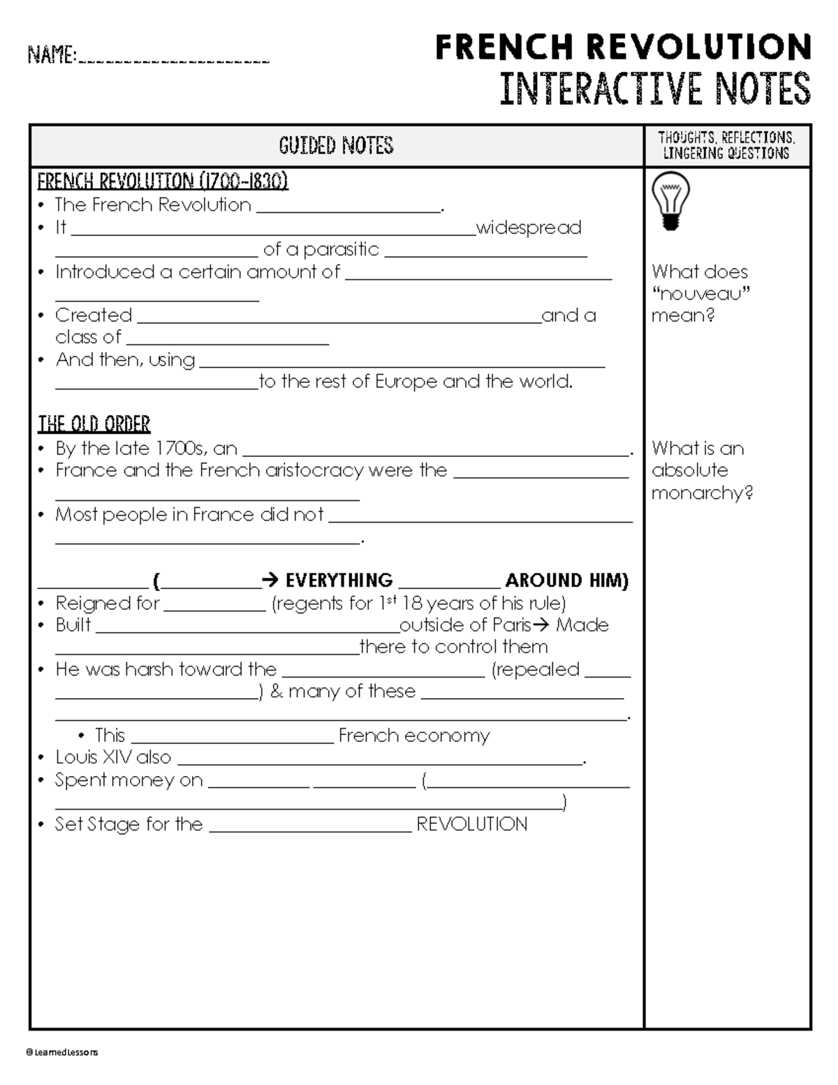French Revolution Guided Notes: Key Concepts & Questions (1700-1830 ...