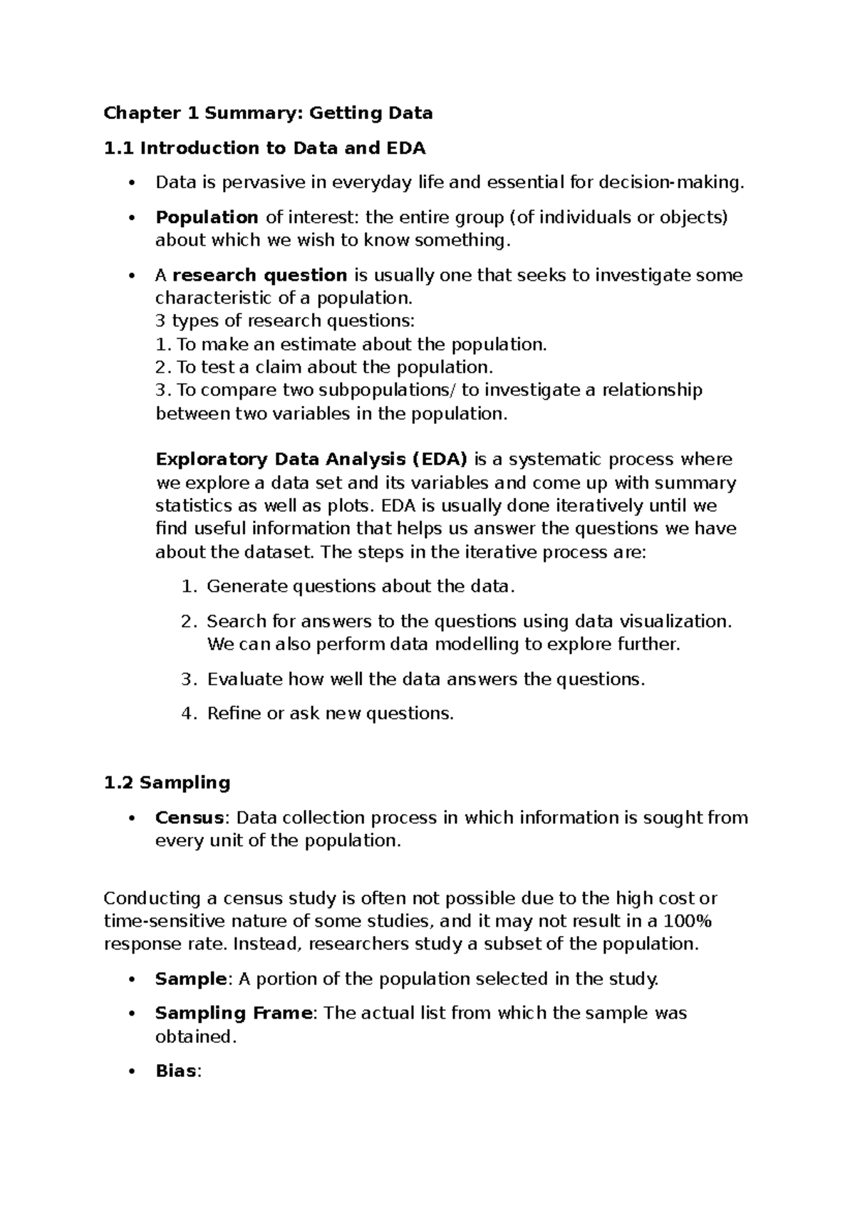 Chapter 1 Summary: Introduction to Data & EDA (Course Code) - Studocu
