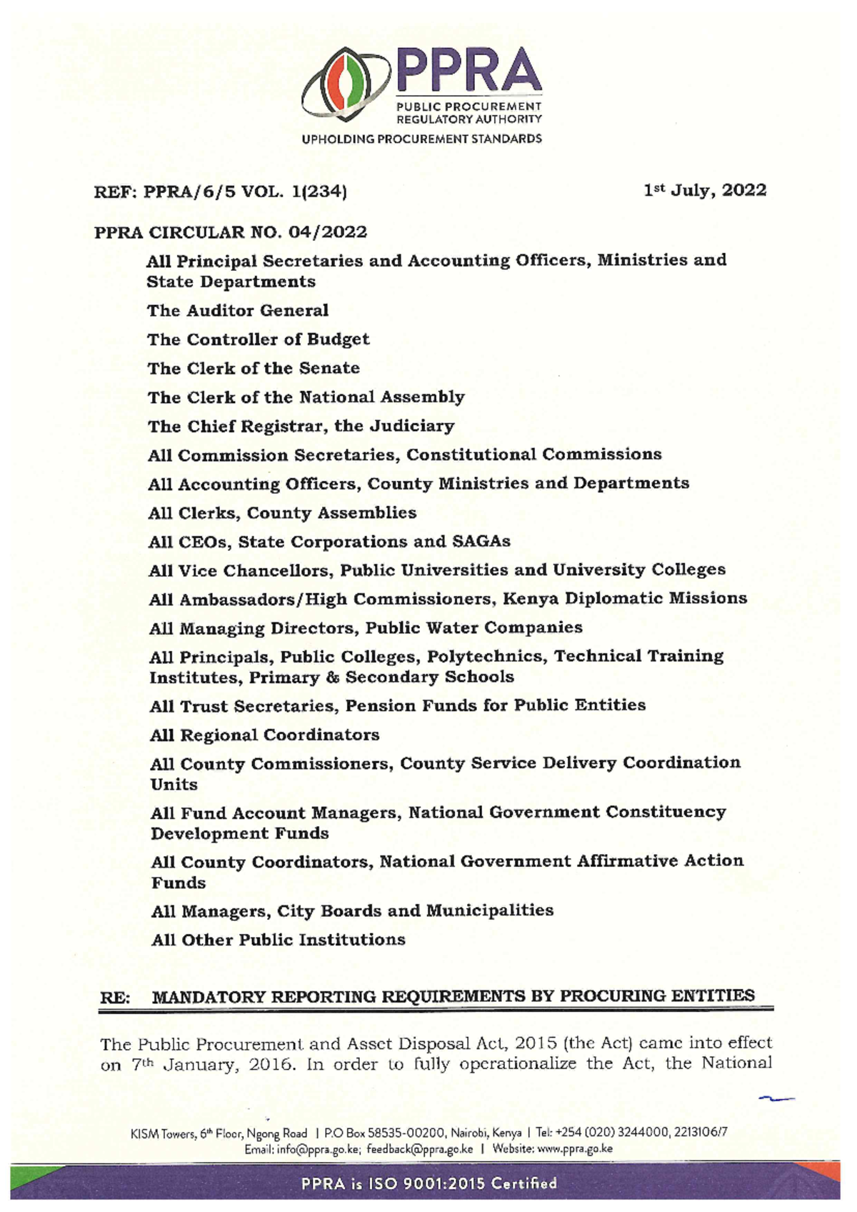 PPRA Circular: Mandatory Reporting Protocols for Procuring Entities ...