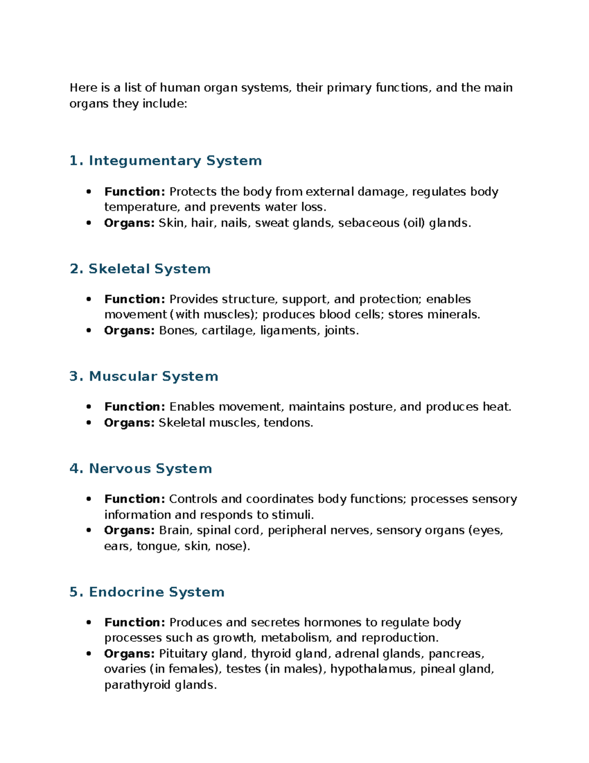 Human Organ Systems: Functions and Key Organs Overview - Here is a list ...