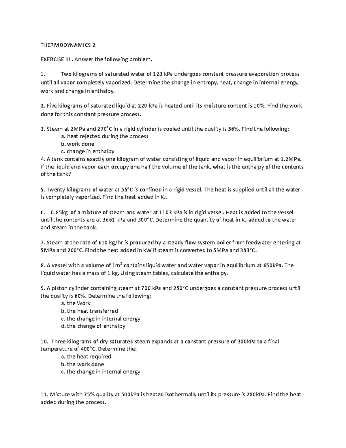 Thermodynamics 2: Exercise III Problem Set on Entropy, Heat & Work ...