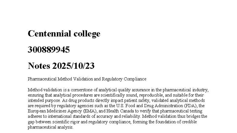 Centennial College 300889945 Notes: Pharma Method Validation ...