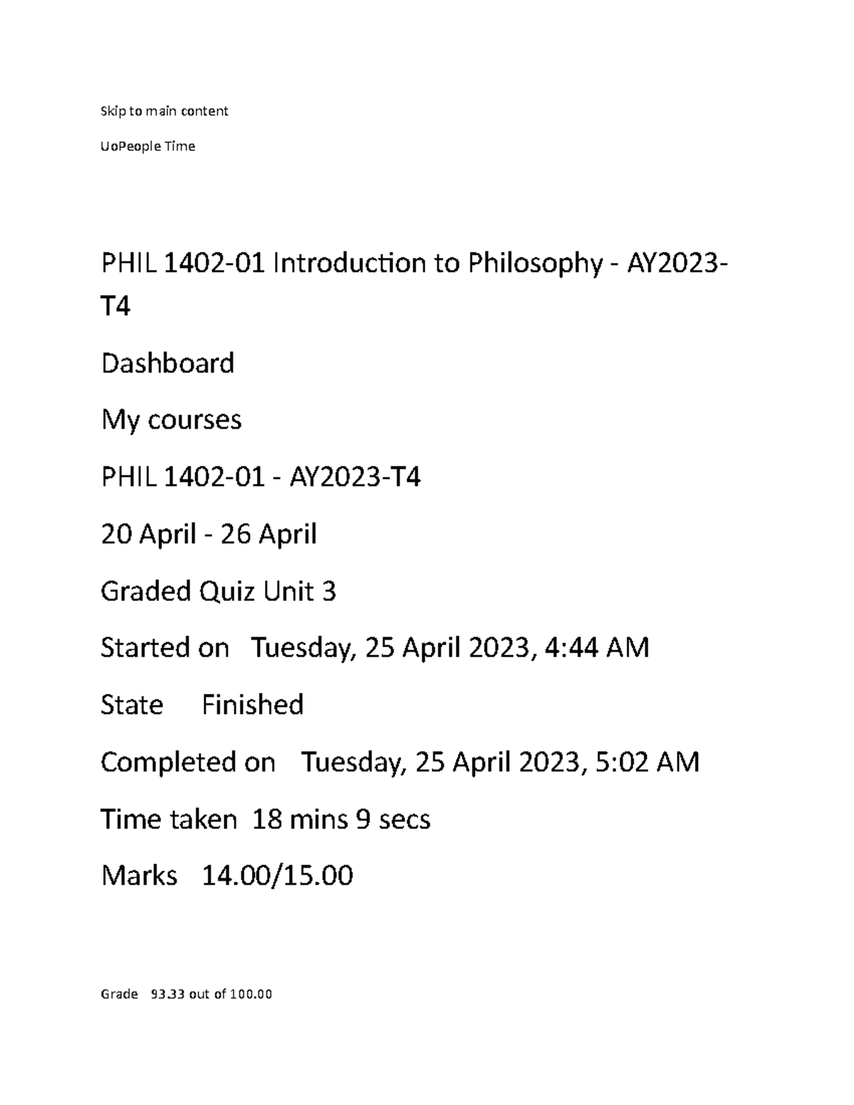 Graded Quiz Unit 3 Results - PHIL 1402-01 Intro to Philosophy - Studocu