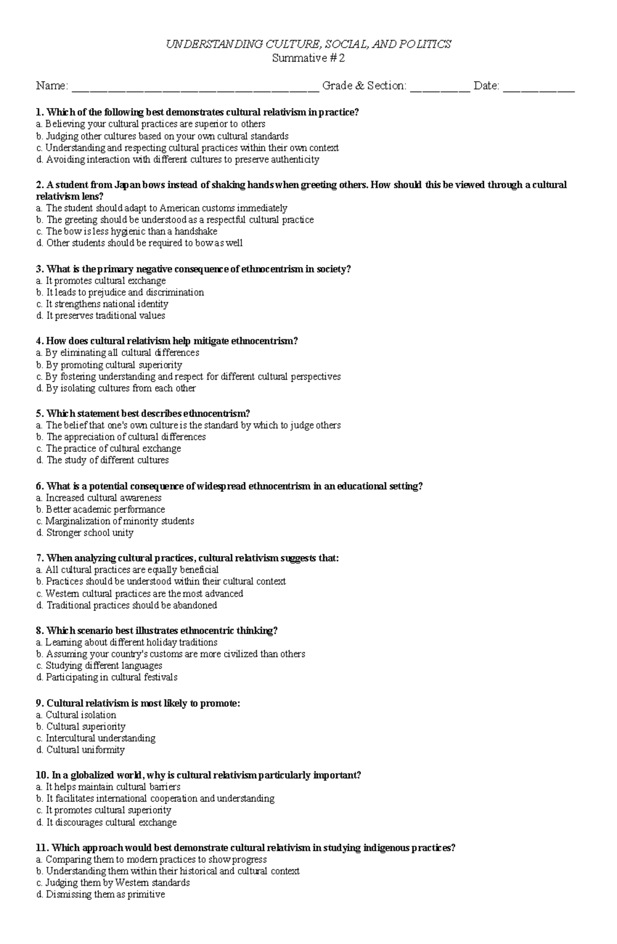 UCSP Summative Test No. 2: Cultural Relativism & Ethnocentrism - Studocu