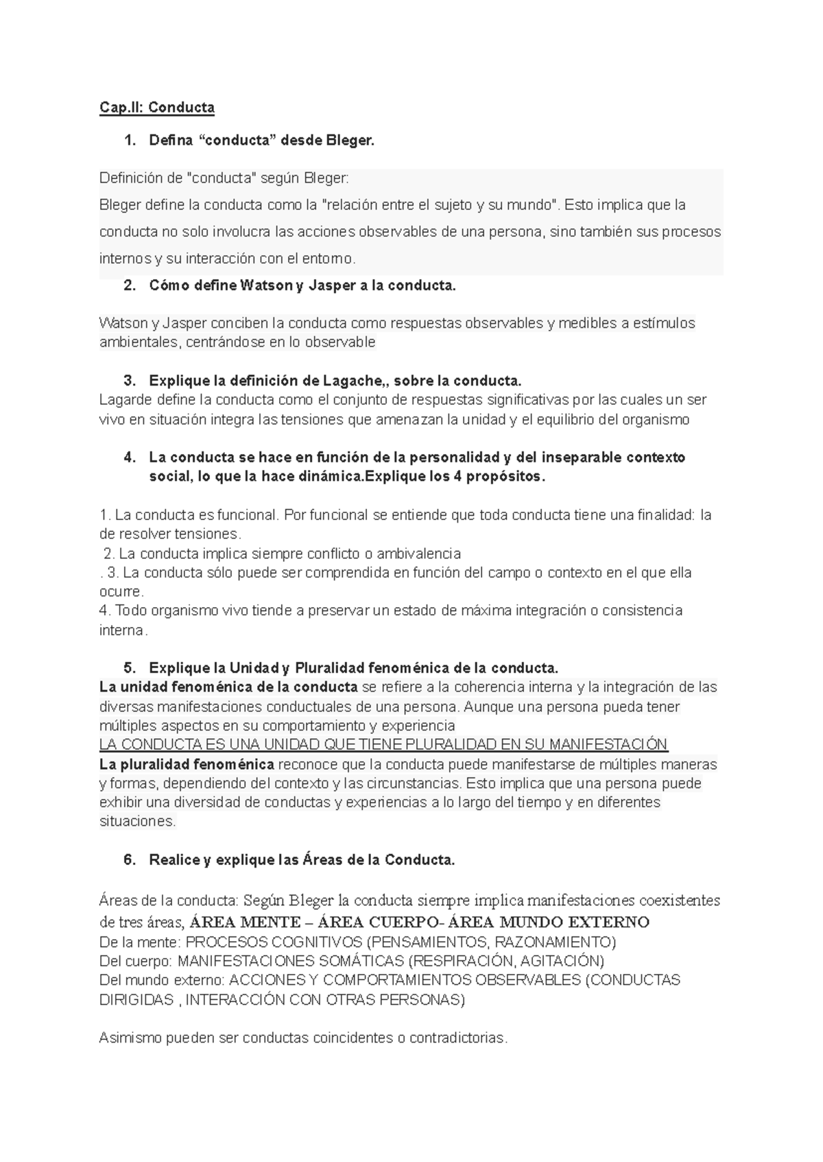 Cap. II: Conducta según Bleger - Definiciones y Áreas de Estudio - Studocu