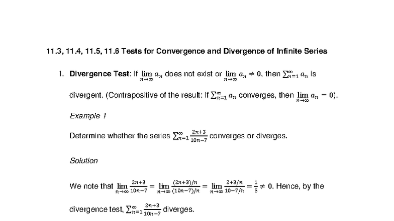 11.3, 11.4, 11.5, 11.6 Convergence & Divergence Tests for Series - Studocu