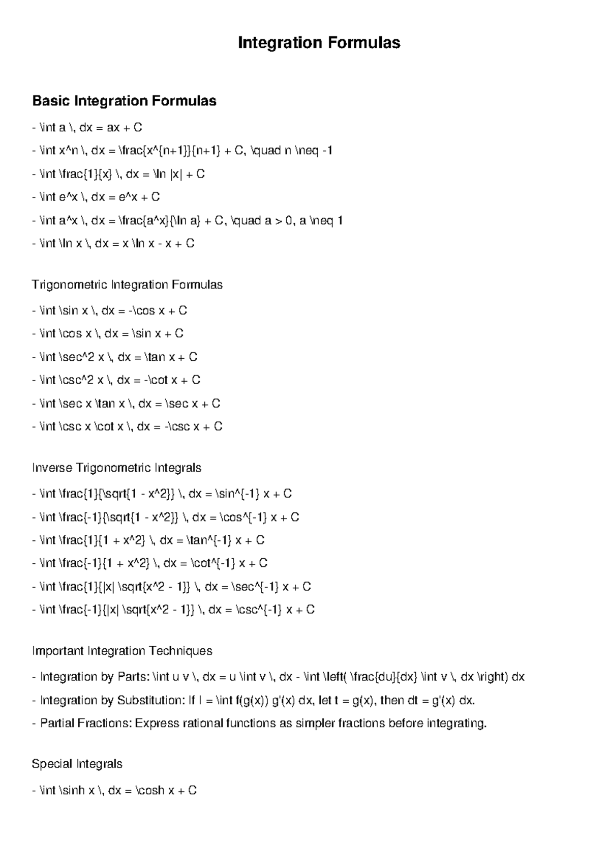 Integration Formulas for Calculus: Essential Techniques and Examples ...