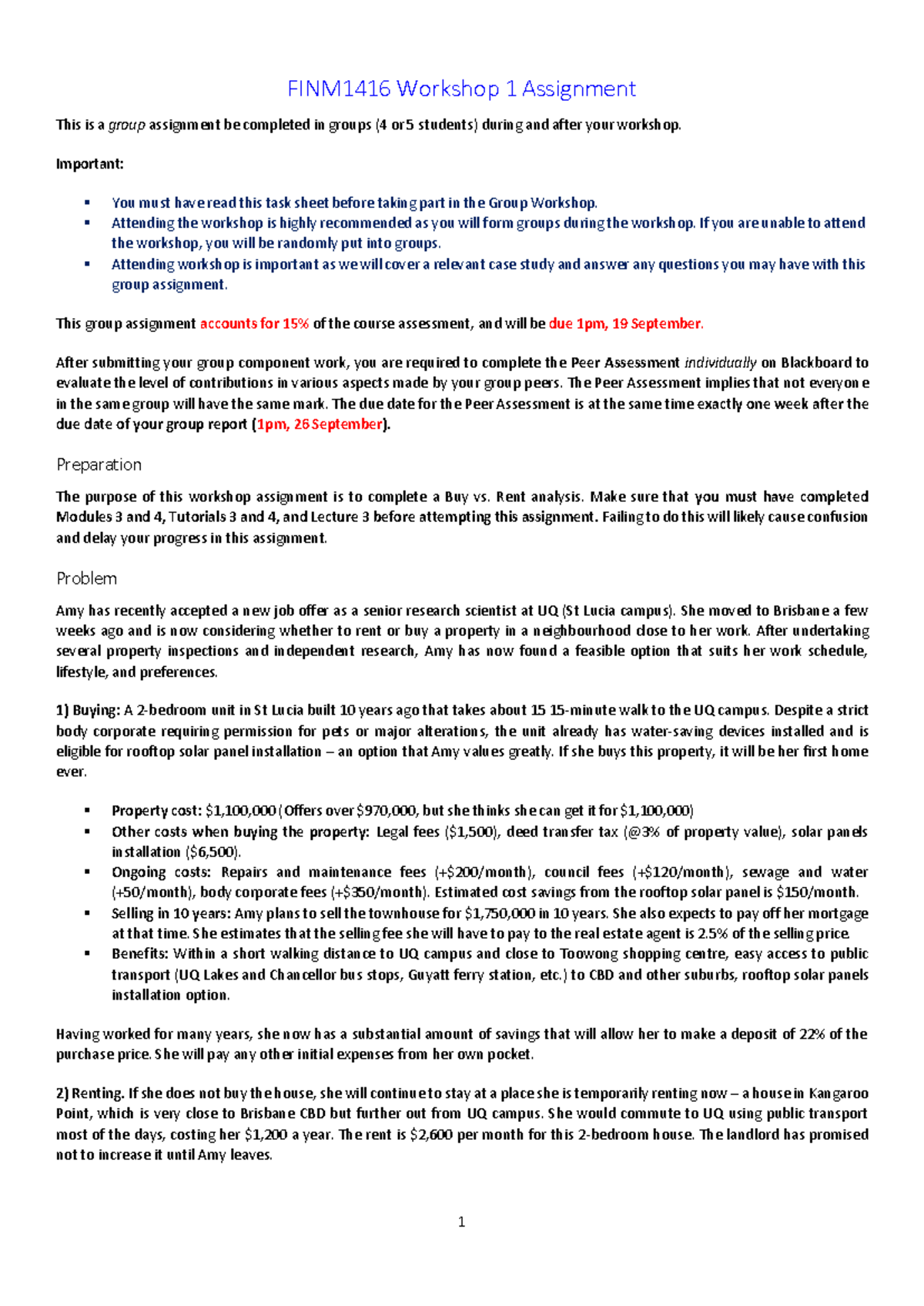FINM1416 Workshop 1 Group Assignment: Buy vs. Rent Analysis - Studocu