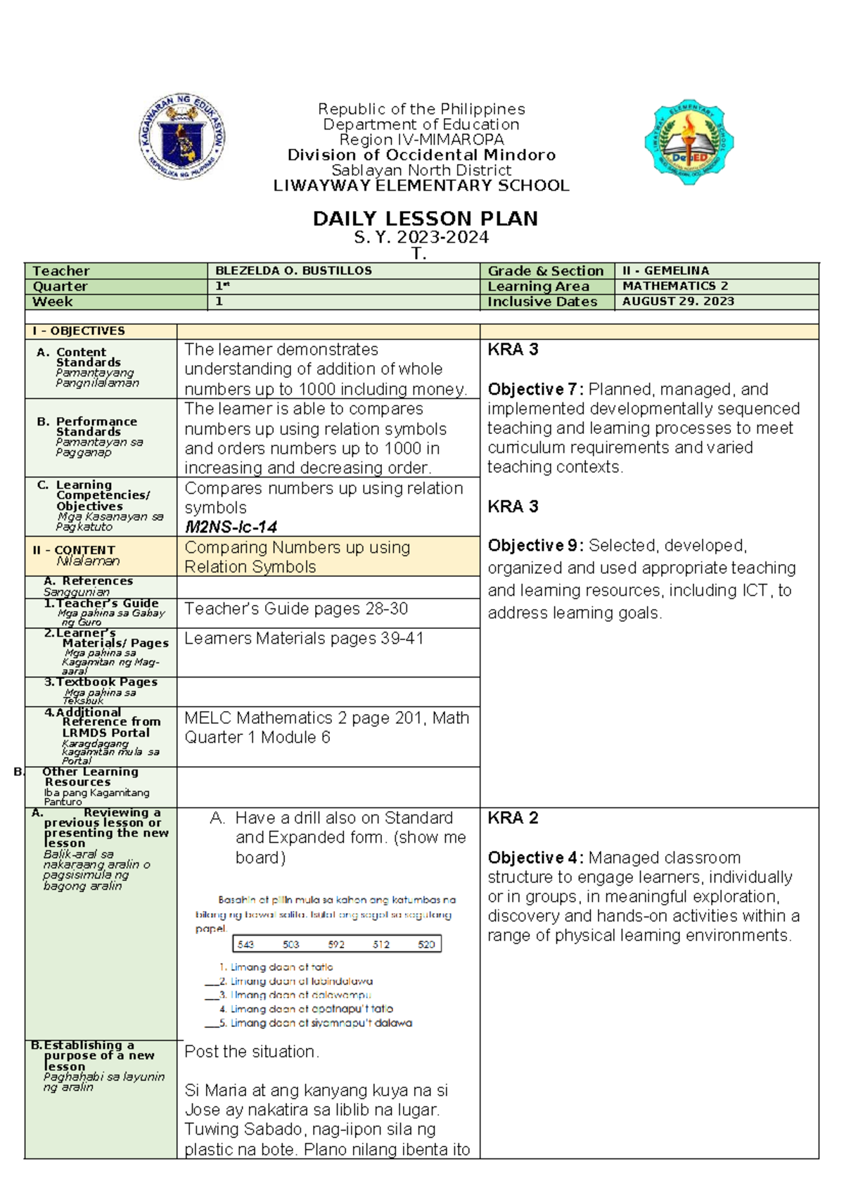 COT 1 Q1 2023 - Daily Lesson Plan for Grade 1 Mathematics - Studocu