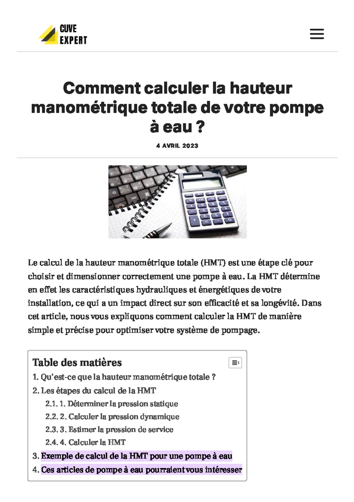 HMT - Calcul de la Hauteur Manométrique Totale pour Pompe à Eau - Studocu