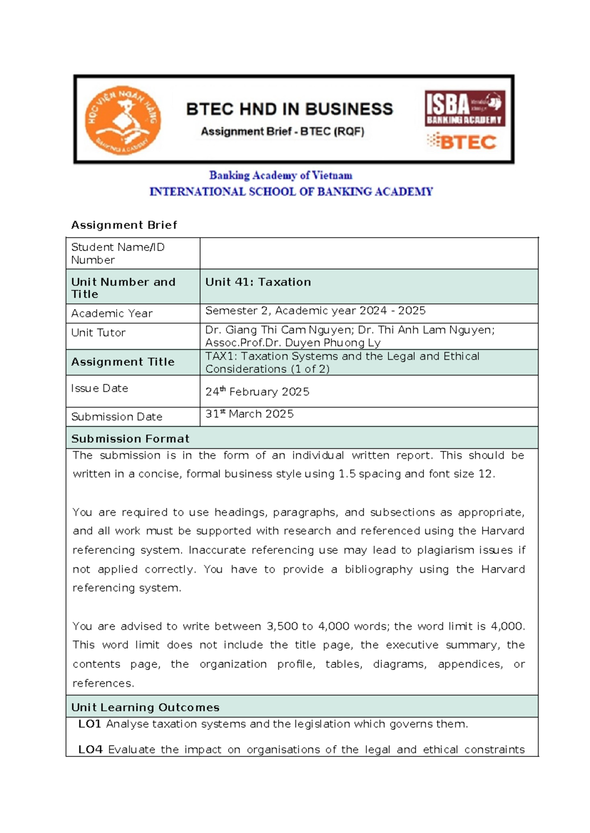V2.Unit41.Taxation Assignment 1 of 2 - Assignment Brief Student Name/ID ...