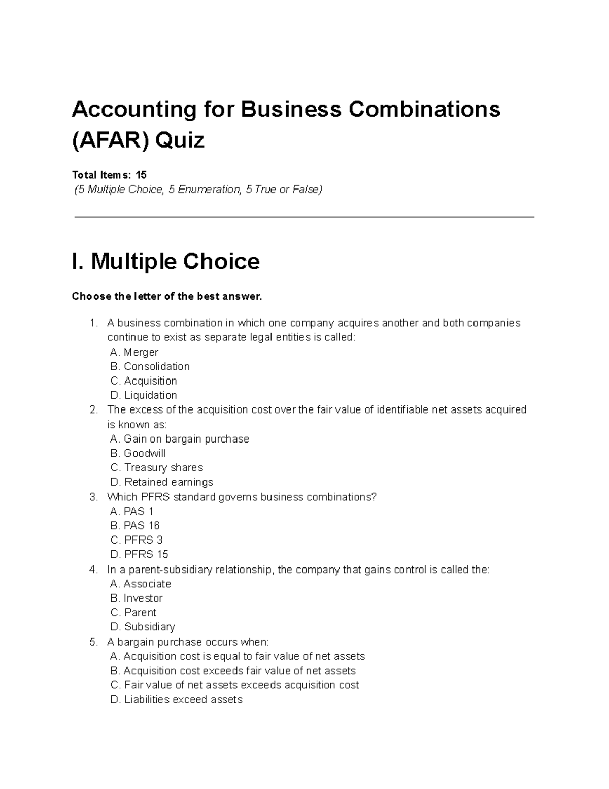 AFAR - Quiz on Business Combinations: MCQ, Enumeration & T/F - Studocu