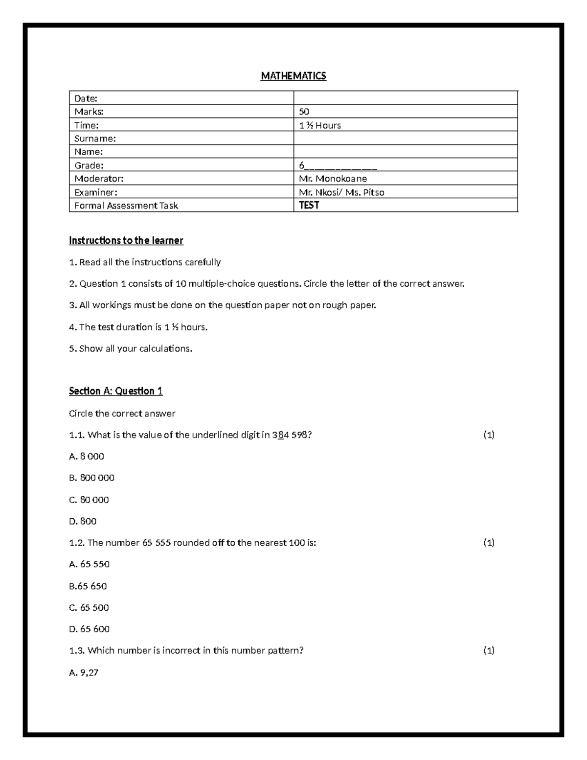 Mathematics Grade 6: Formal Assessment Test Questions & Answers - Studocu