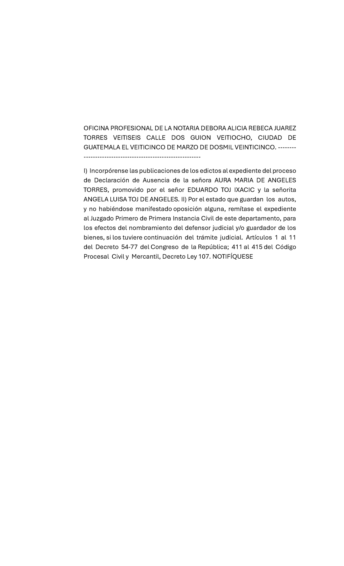 Declaratoria de Ausencia de Aura María de Ángeles Torres - Proceso ...