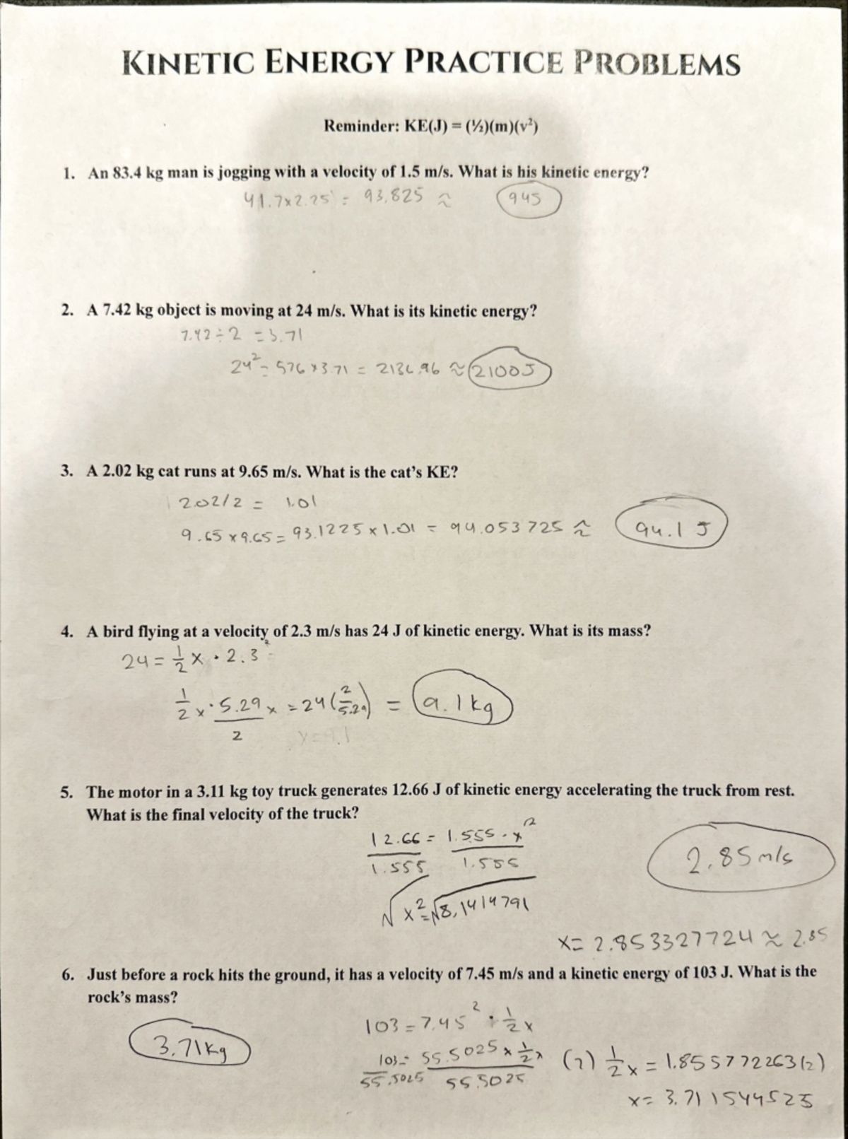 KINETIC ENERGY PRACTICE PROBLEMS - PHYSICS 101 Review - Studocu