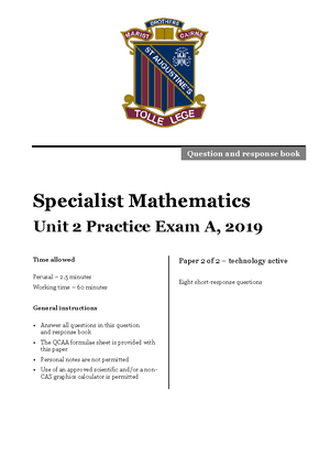 QEP 2019 YR11 SPEC U2A P1 - Specialist Mathematics Unit 2 Practice Exam ...