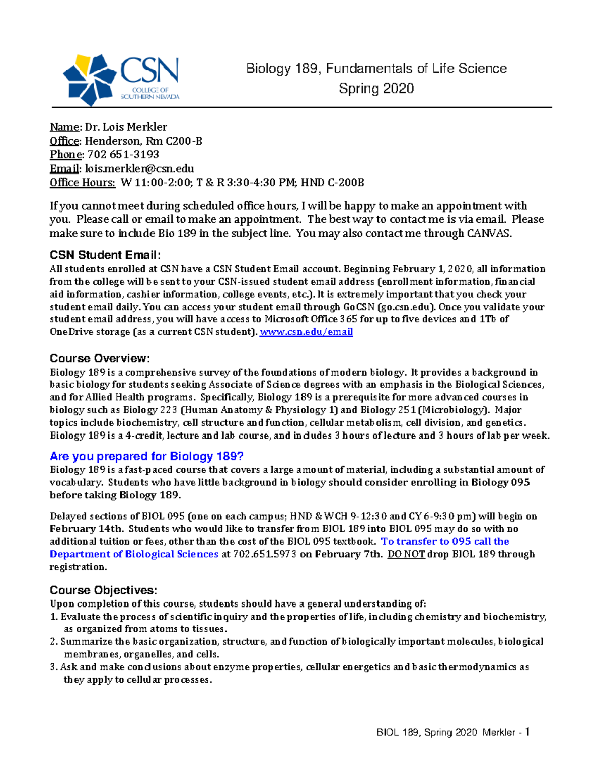 BIOL 189 - Spring 2020 Syllabus: Fundamentals of Life Science - Studocu
