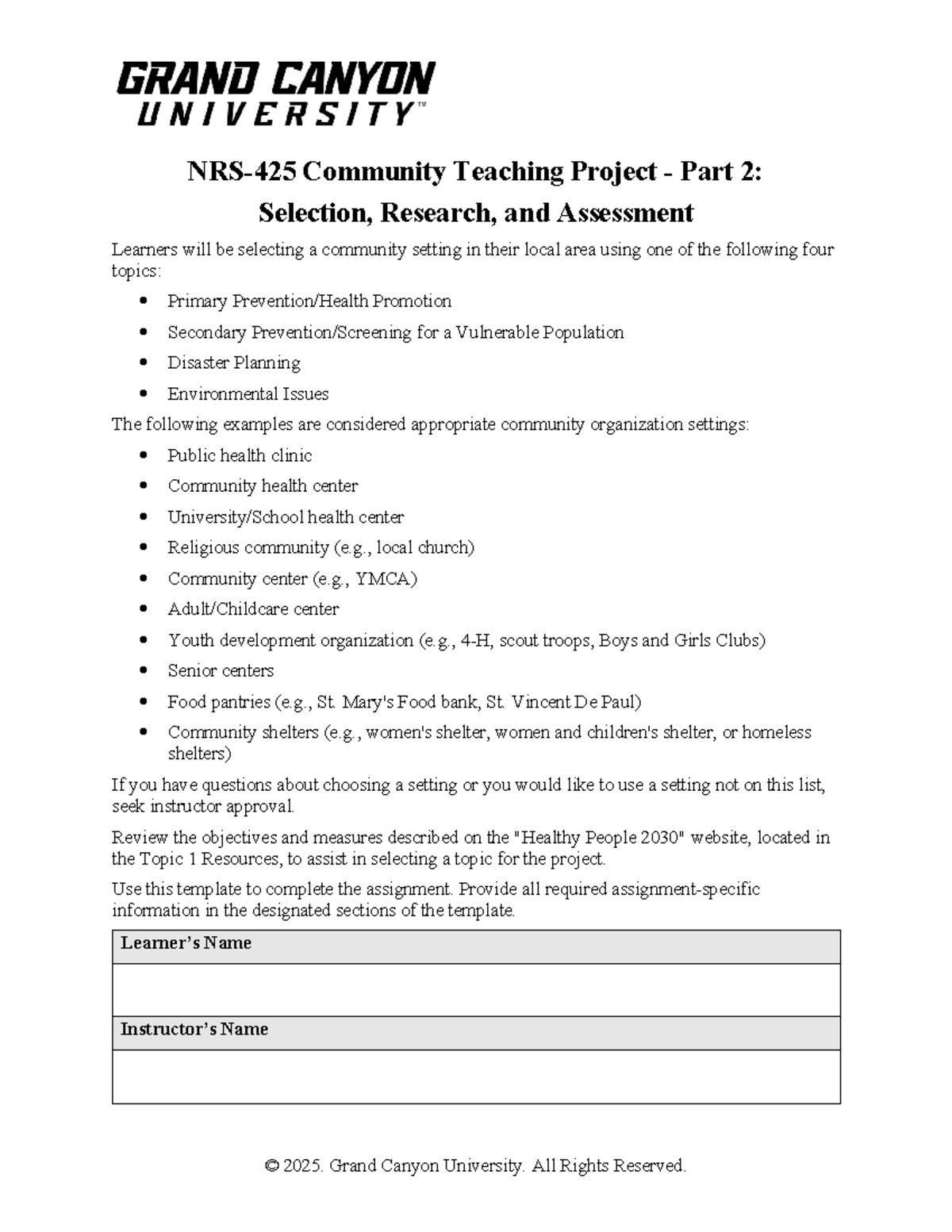 NRS 425 RS T1 Community Teaching Project Part 2: Selection & Assessment ...
