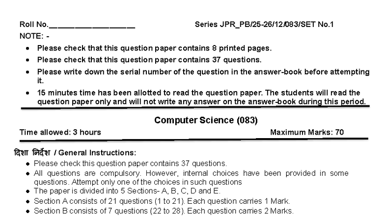 Computer Science (083) Final Exam: Question Paper Series No. 1 - Studocu