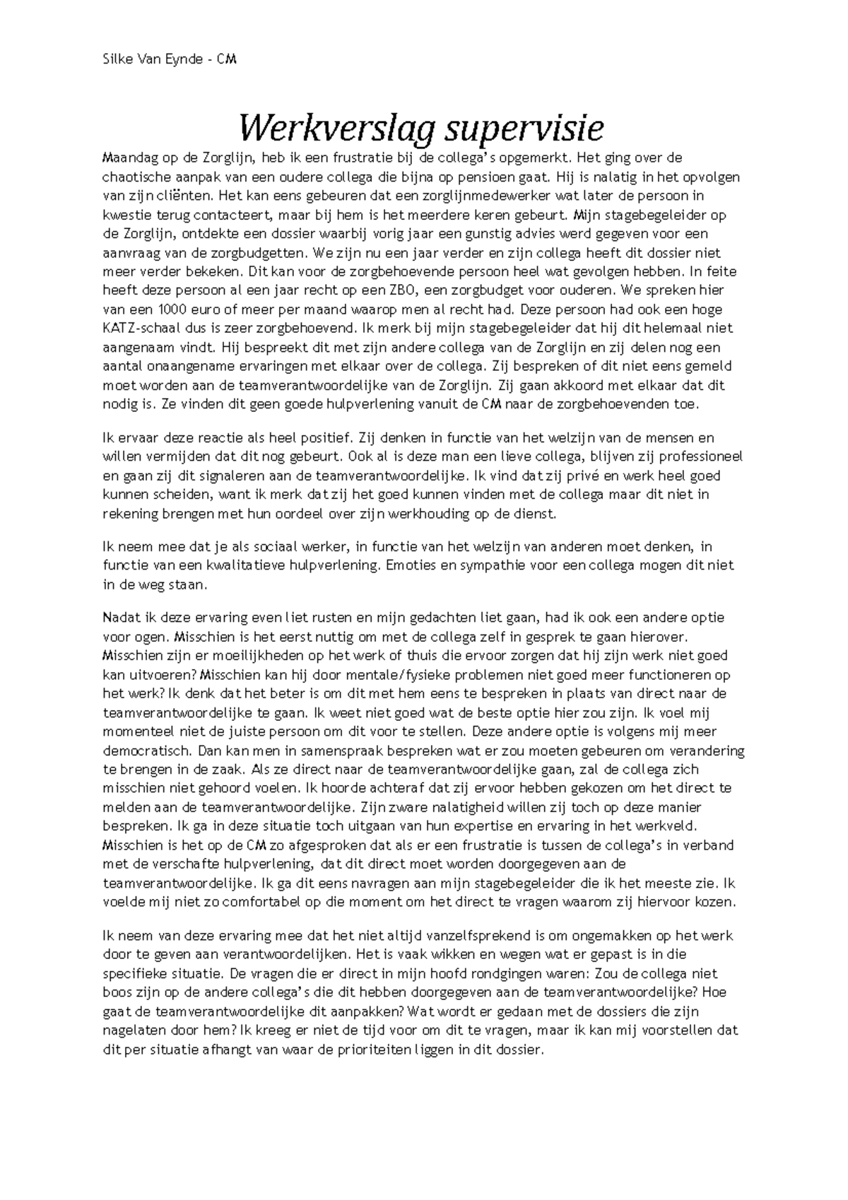 Werkverslag Supervisie 1 - Observaties en Reflecties bij CM Zorglijn ...