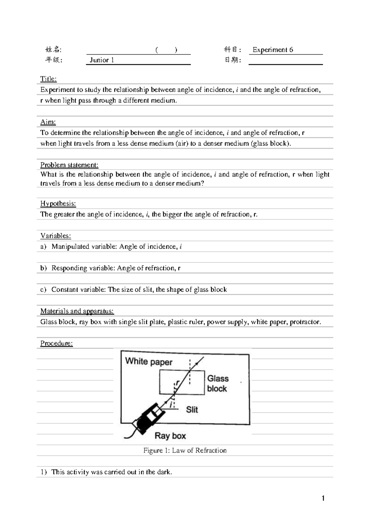 Experiment Report: Relationship Between Angle of Incidence & Refraction ...