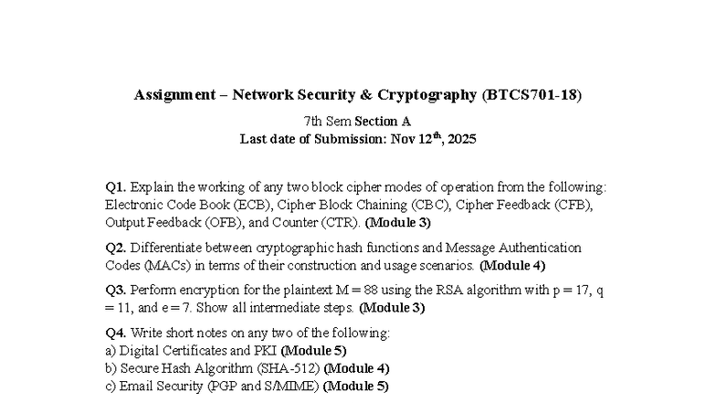 Network Security Assignment 7th Sem: Cryptography & Key Concepts - Studocu