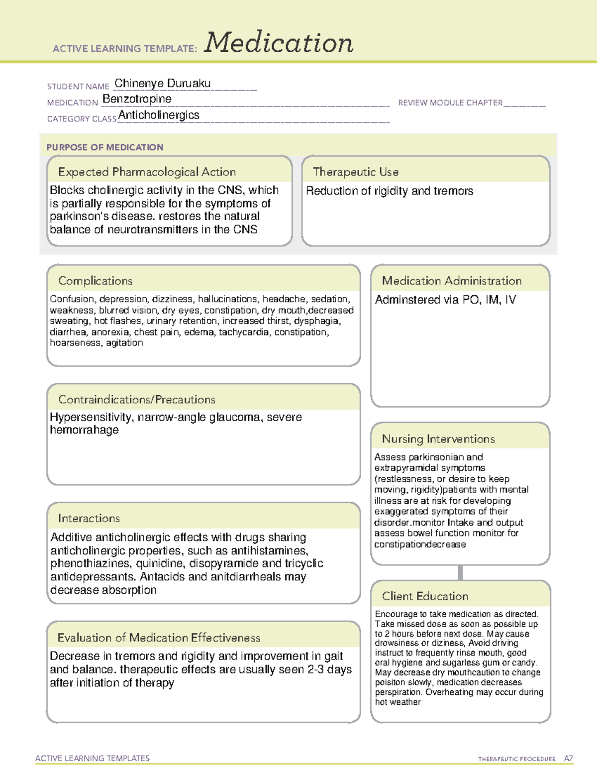 Benztropine Medication Card - ATI Active Learning Template - Studocu