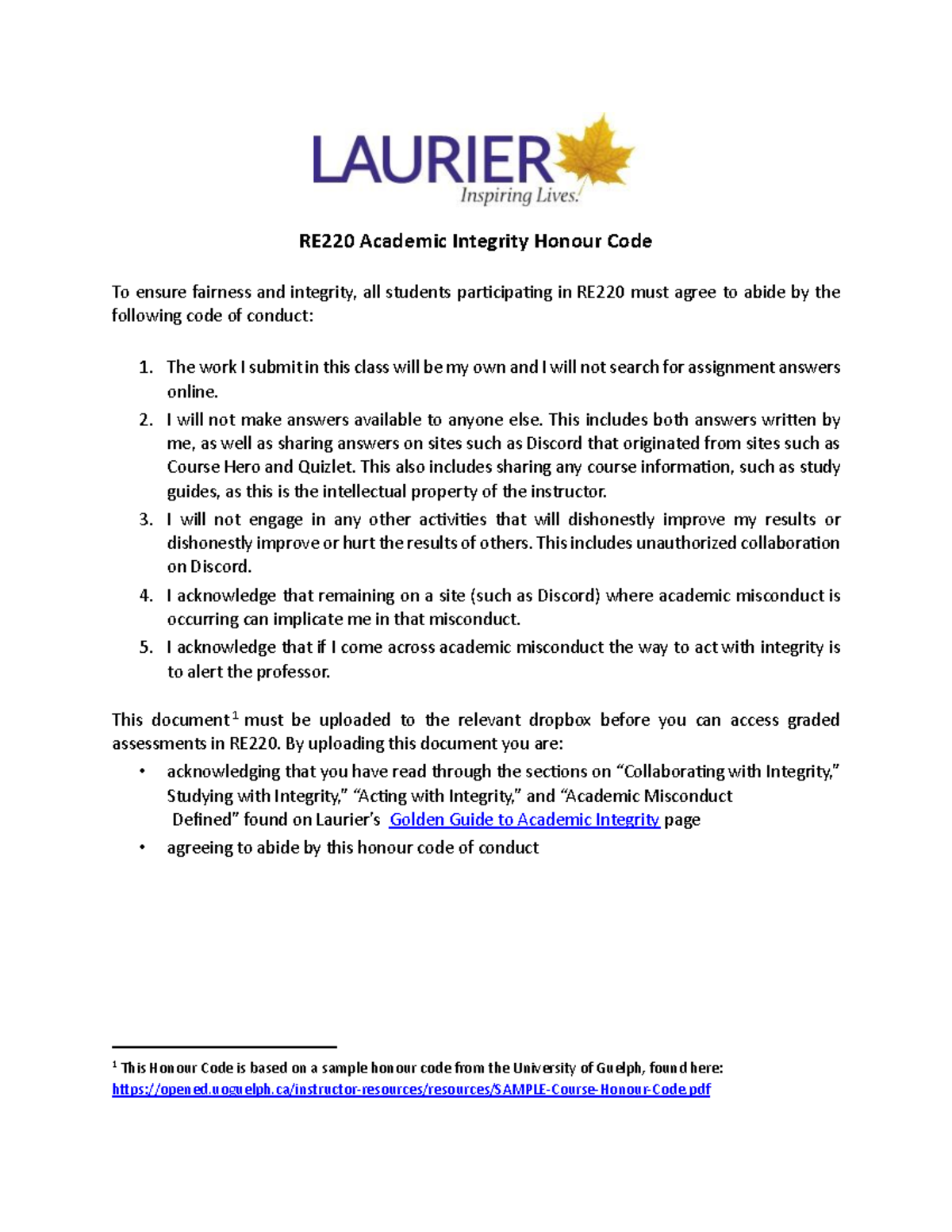 RE220 Academic Integrity Honour Code Guidelines for Students - Studocu