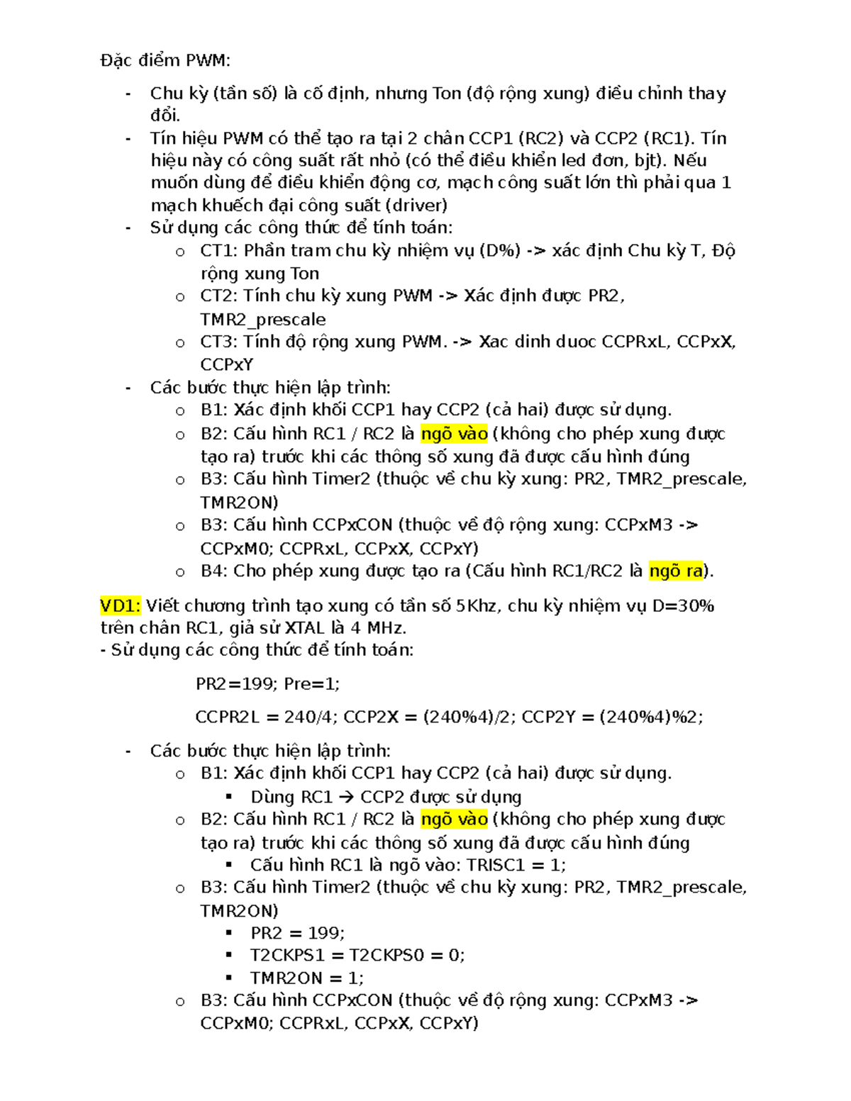 Tóm tắt PWM: Cấu hình và Tính toán Tín hiệu PWM cho CCP1, CCP2 - Studocu