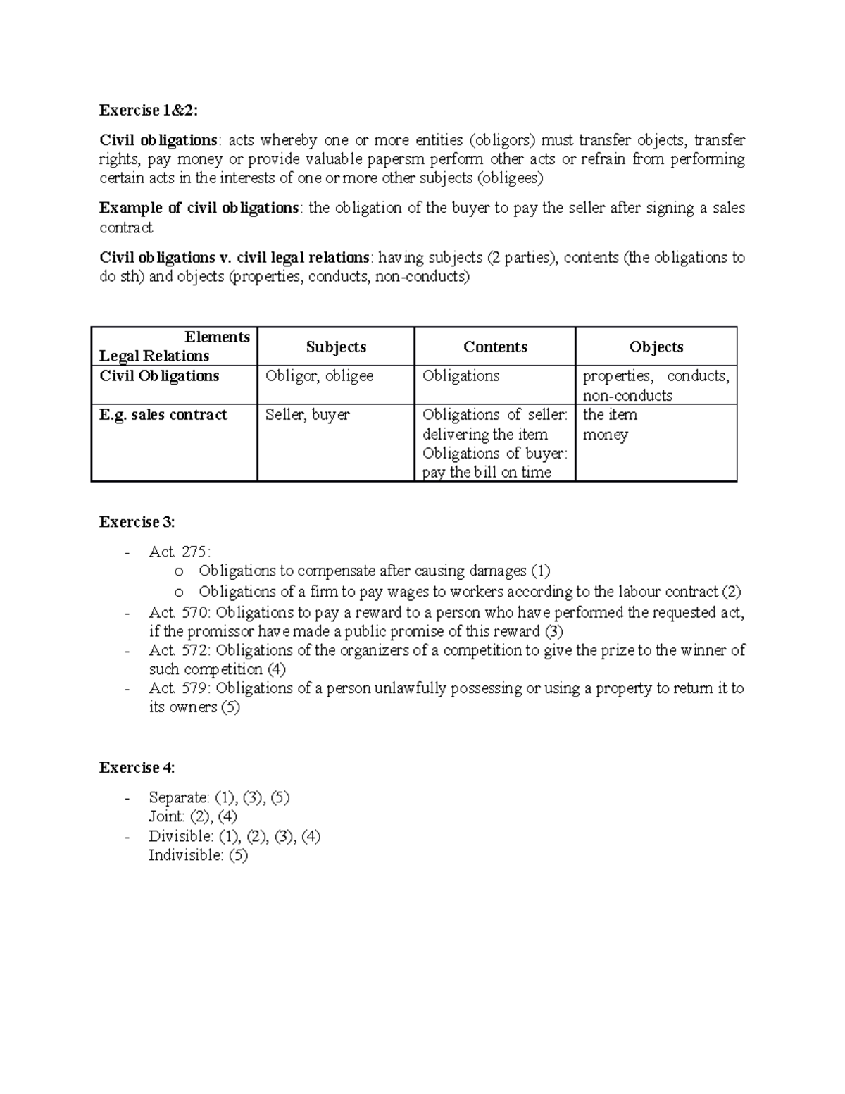 Prep lesson 13 - exercises - Exercise 1&2: Civil obligations: acts ...