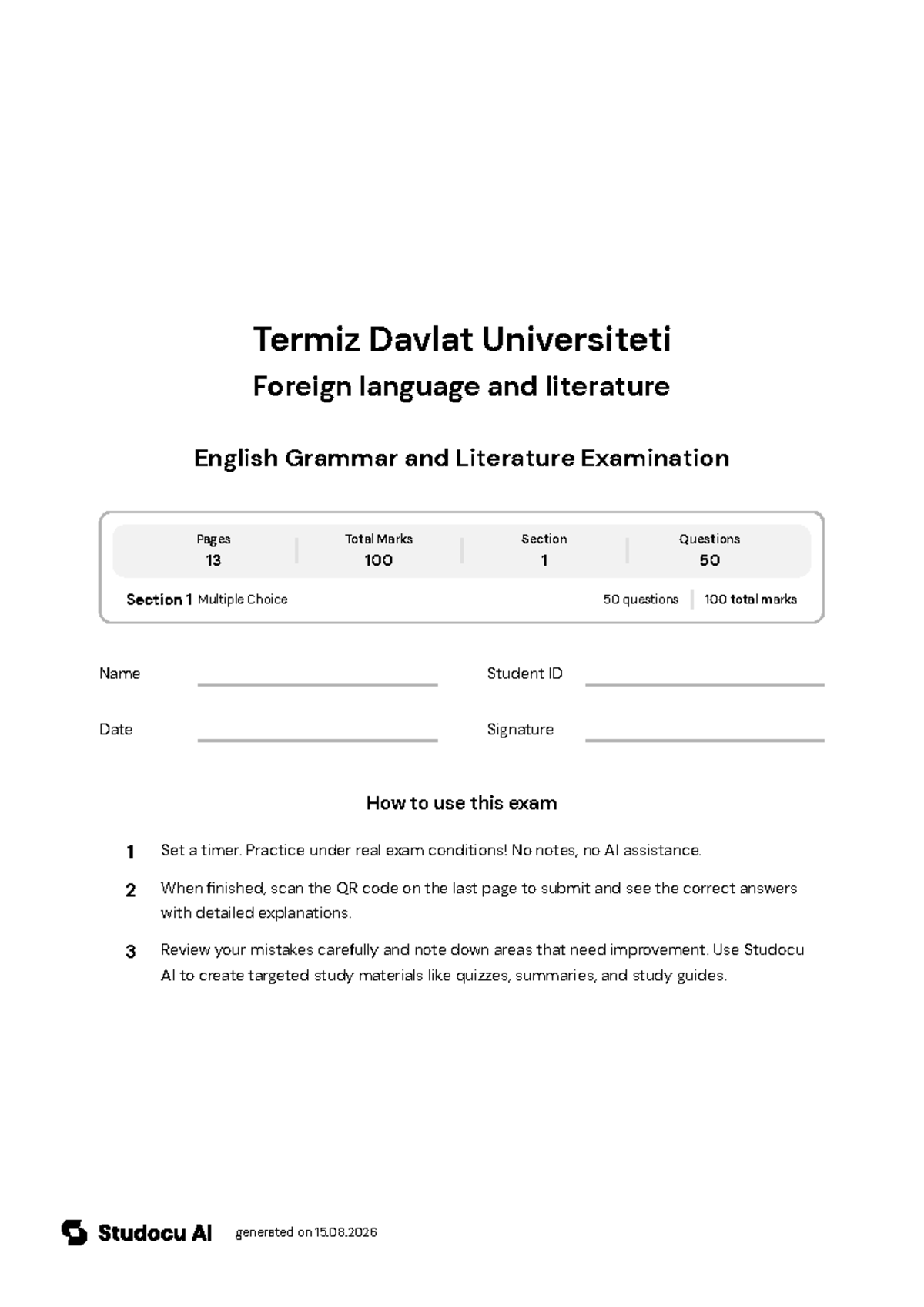 English Grammar Exam - Termiz Davlat Universiteti - Studocu