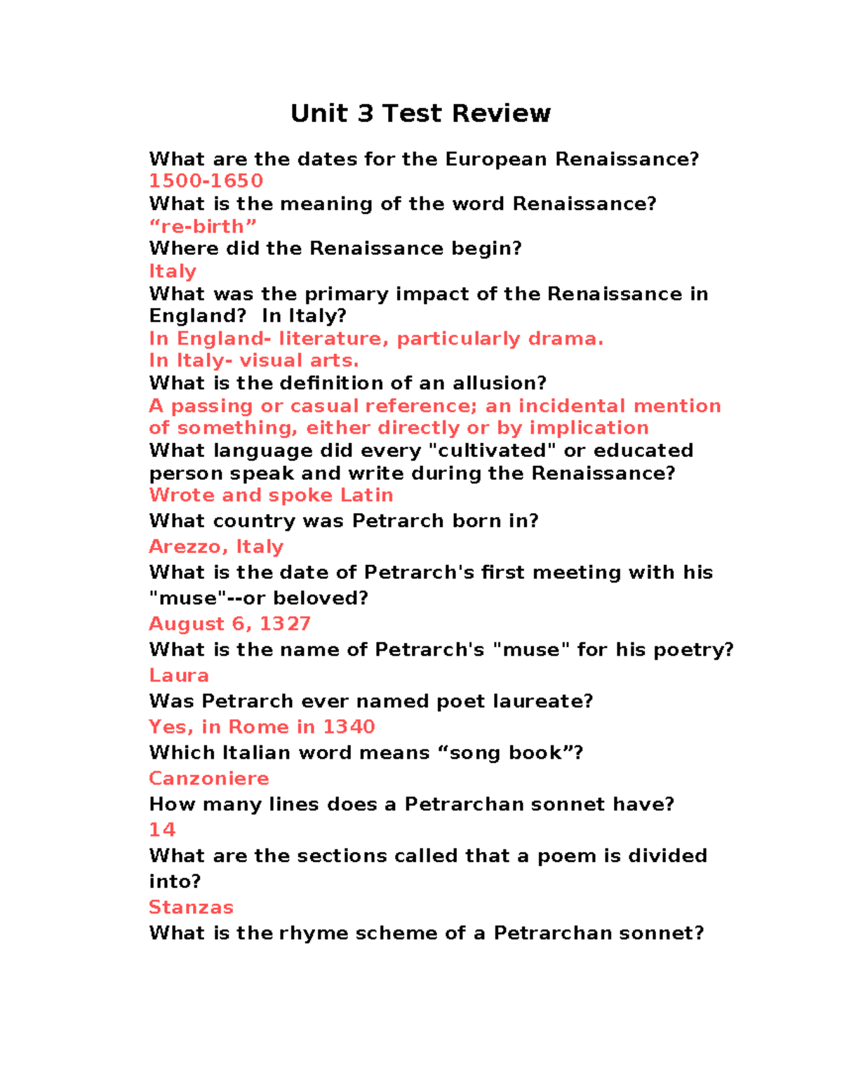 Eng203 - Unit 3 Test Review: Key Concepts of the Renaissance and ...