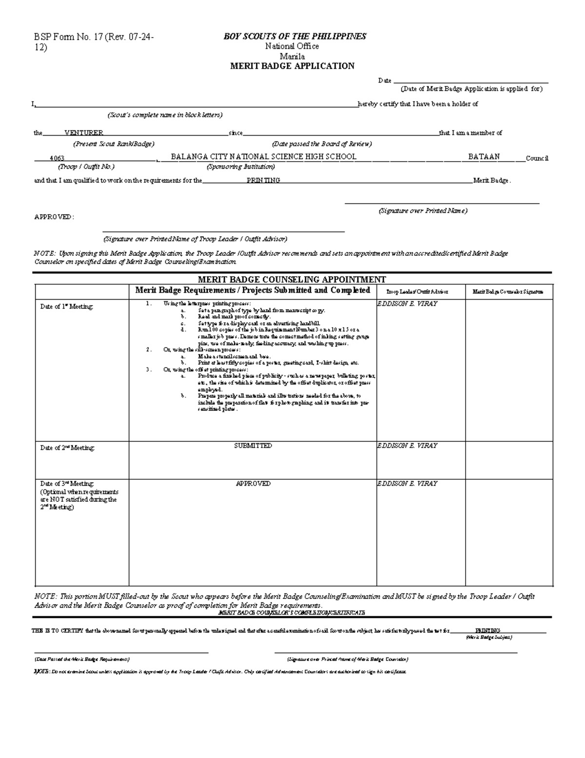 BSP Form No. 17: Printing Merit Badge Application & Requirements - Studocu