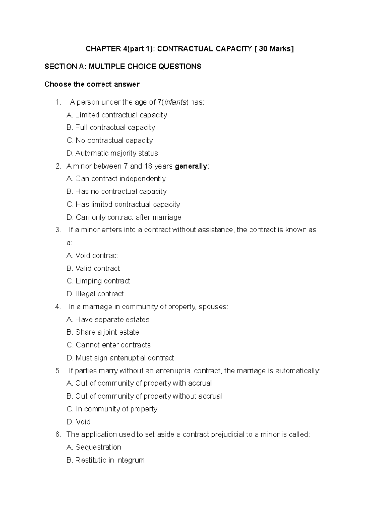 CHAPTER 4(PART 1): CONTRACTUAL CAPACITY - TUT Questions & MCQs - Studocu