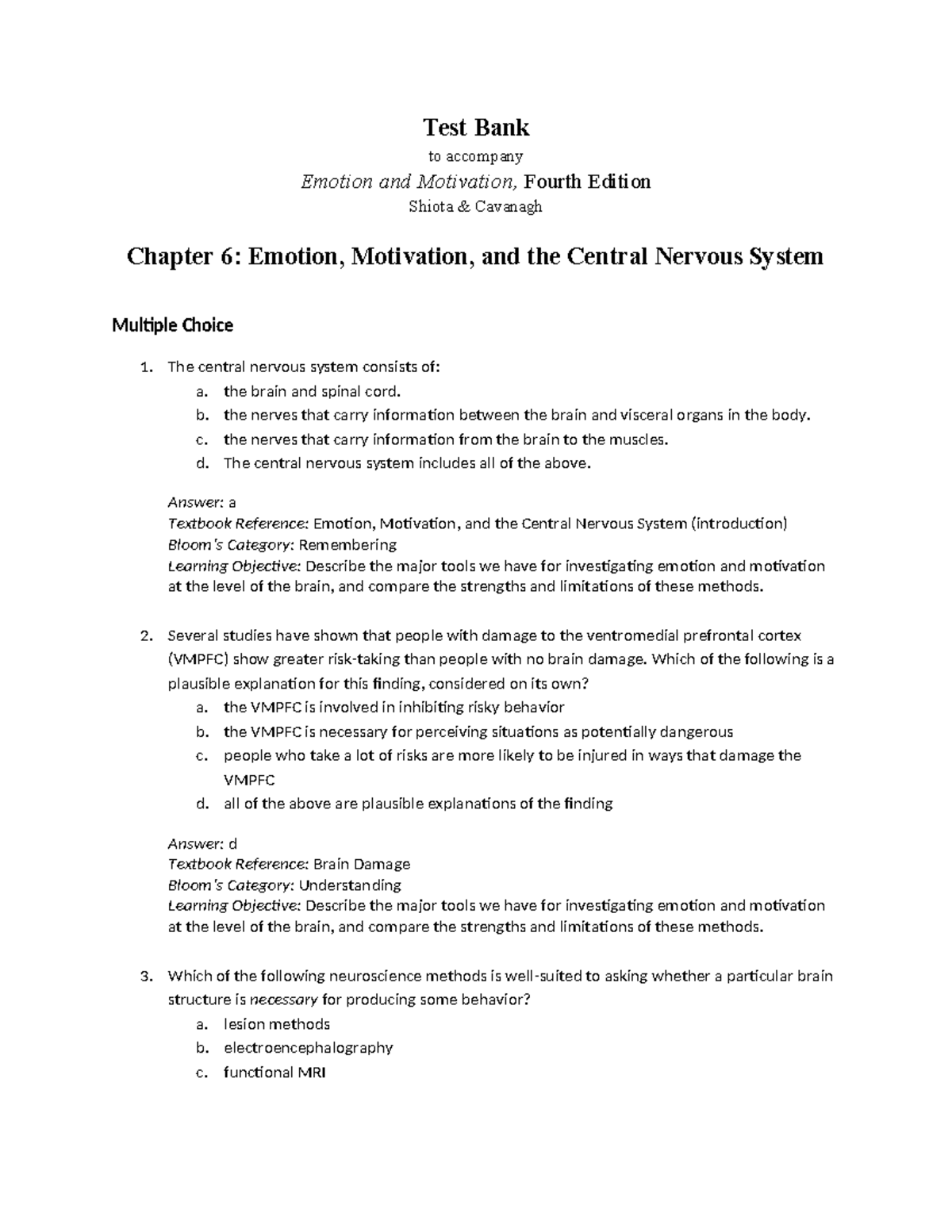 Test Bank for Emotion and Motivation (PSY 306) - Chapter 6 MCQs - Studocu