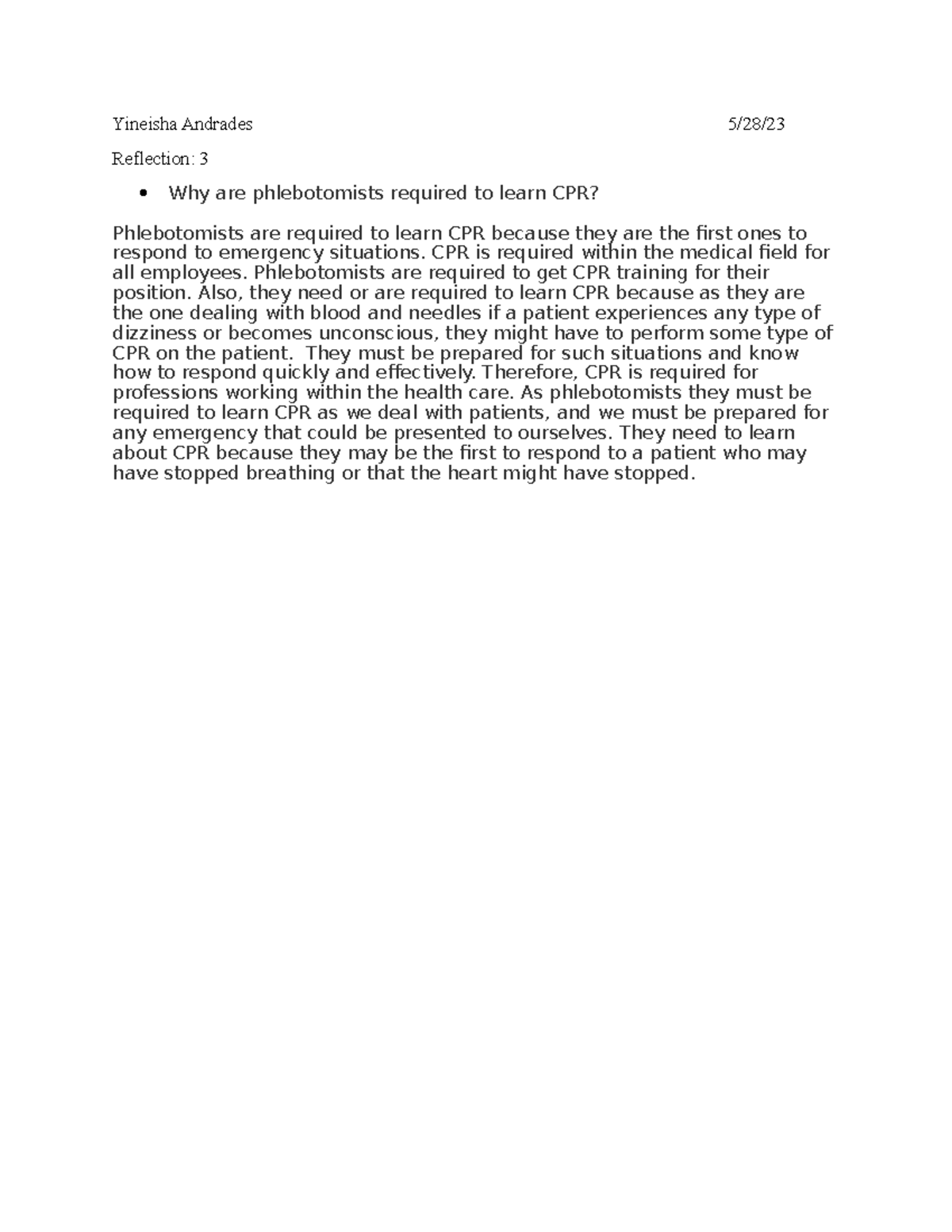 Reflection 3: Importance of CPR Training for Phlebotomists - Studocu