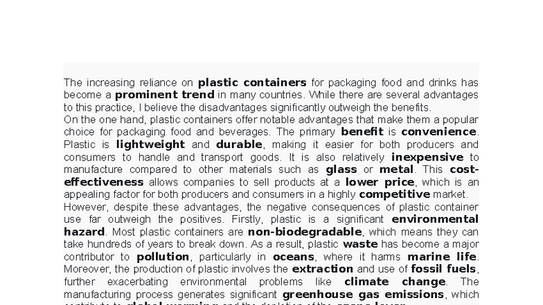 Văn 12A - Disadvantages of Plastic Containers in Food Packaging - Studocu