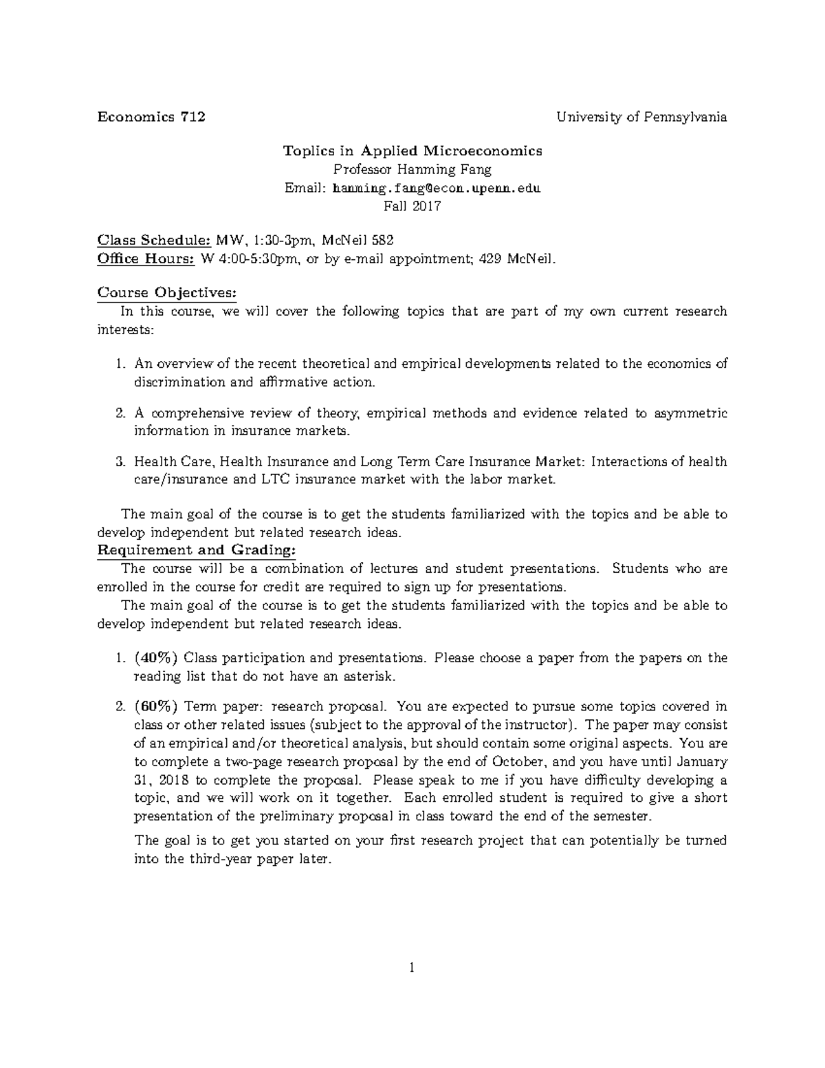 Hanming Fang Econ712-syllabus-2017 F - Economics 712 University of ...