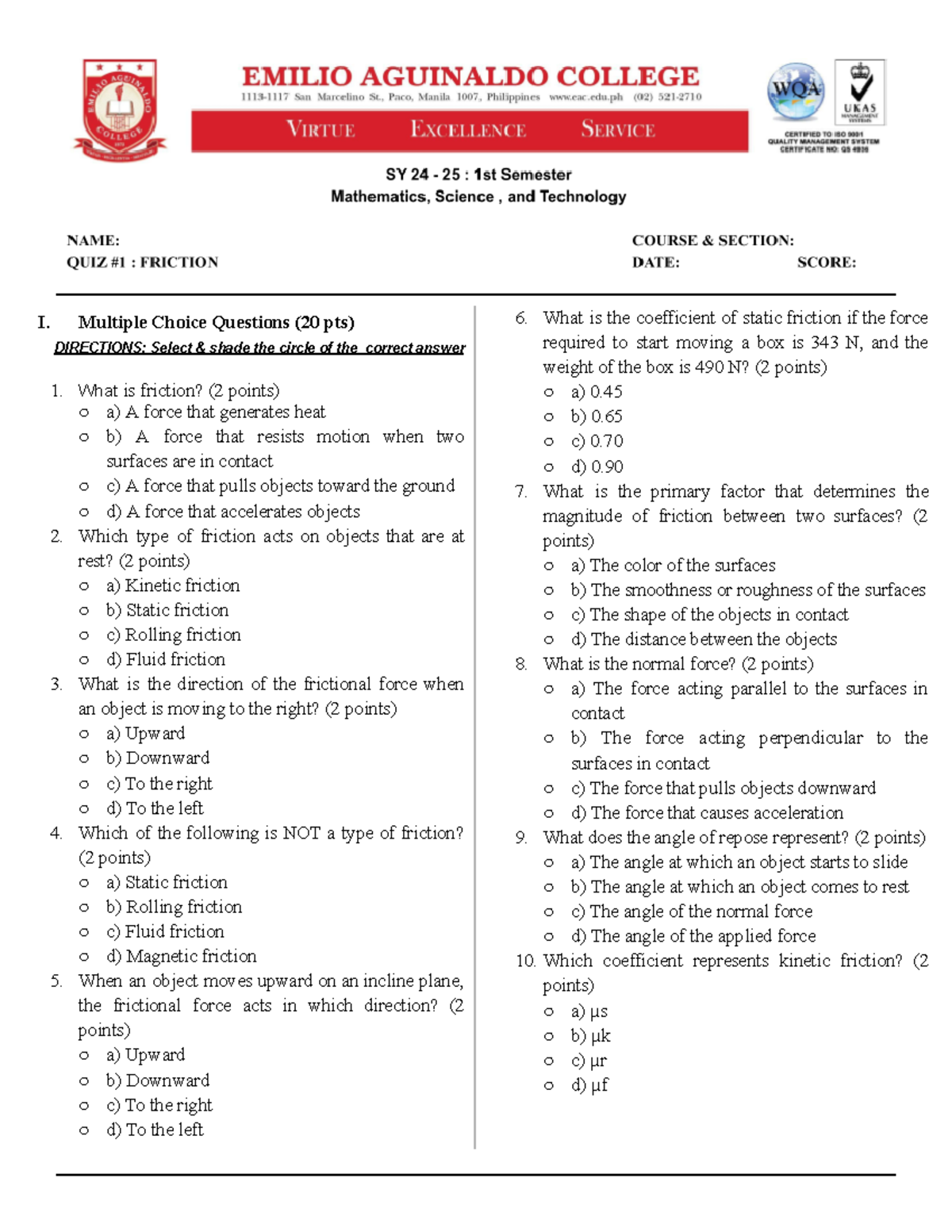 QUIz health assessment - I. Multiple Choice Questions (20 pts ...