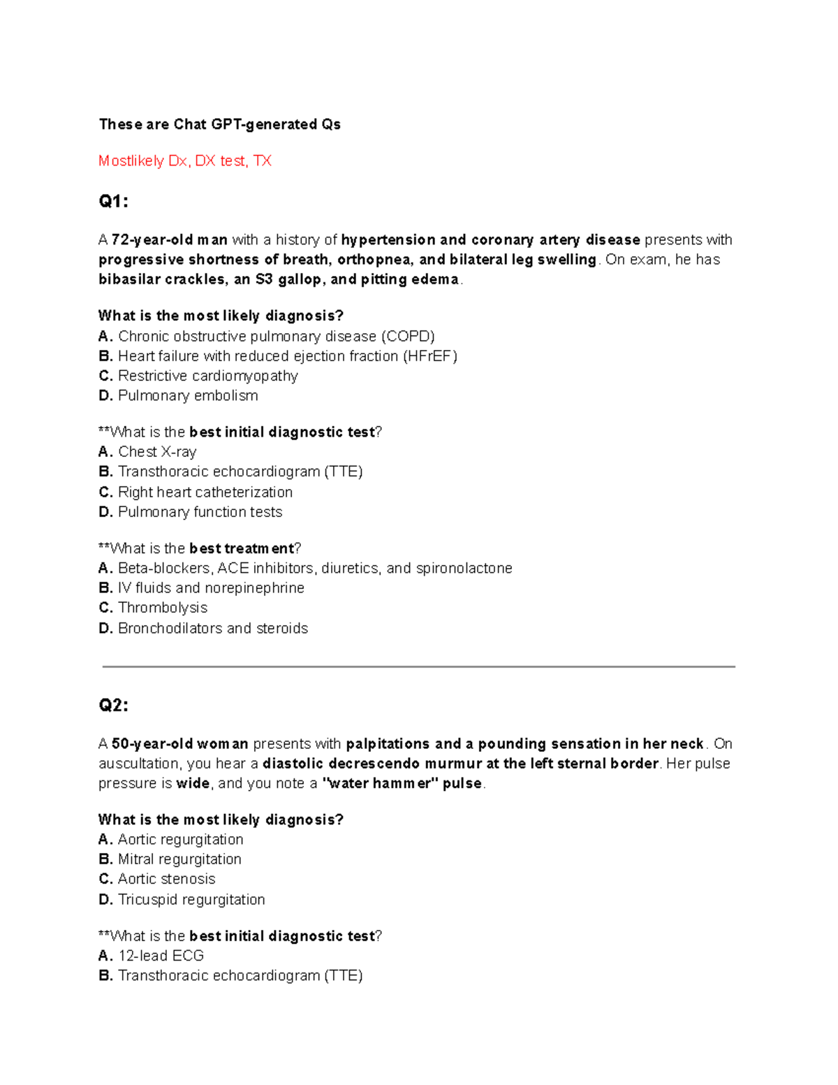 Cardio Practice Questions - Most Likely Diagnoses & Treatments (Q1-Q8 ...