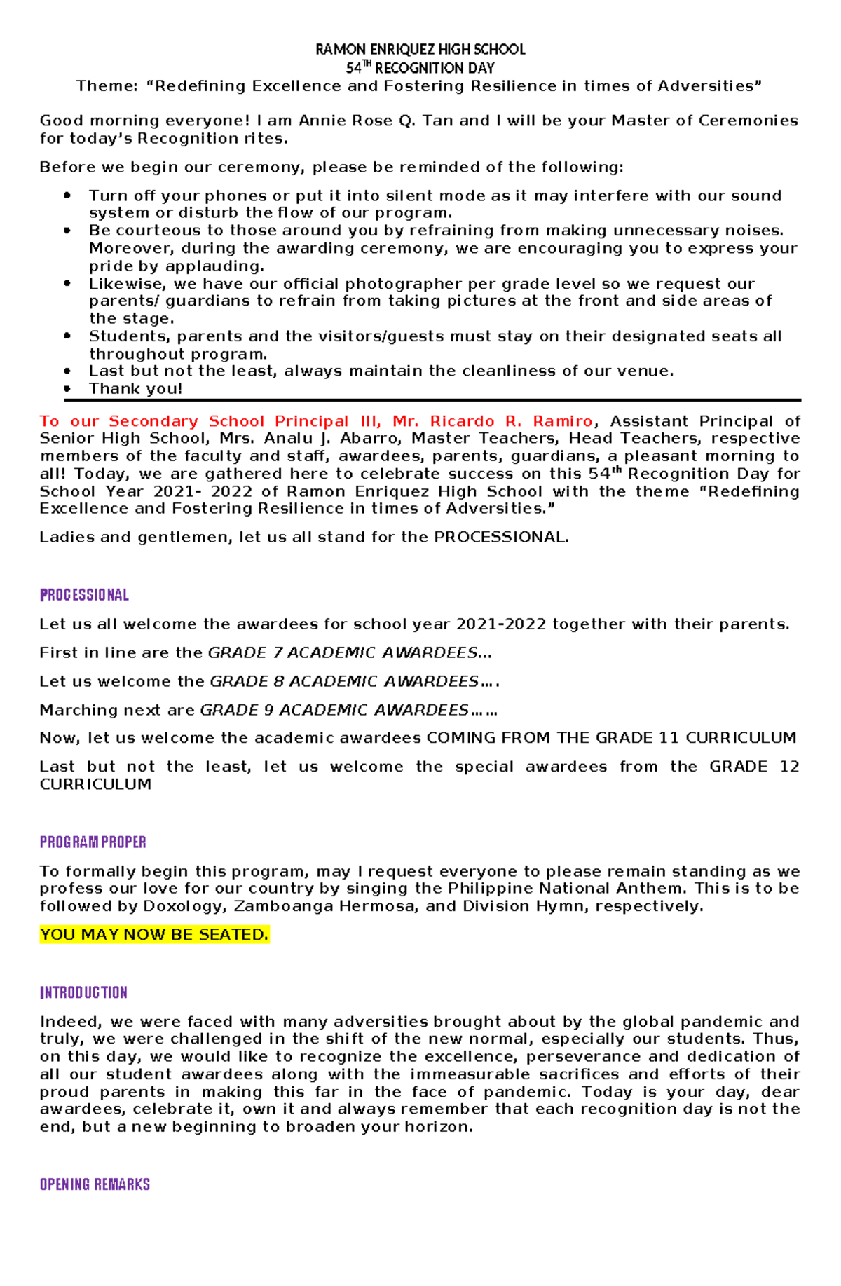 Recognition Day Script - Ramon Enriquez HS 2022 - Studocu
