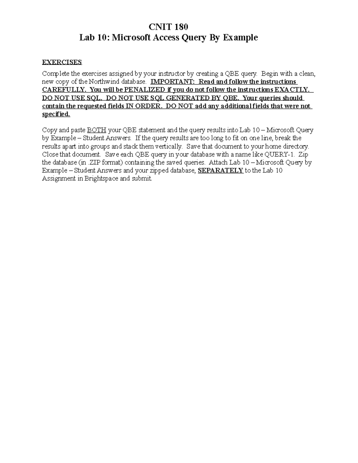 Lab 10 - Microsoft Access QBE Exercises & Student Responses - Studocu